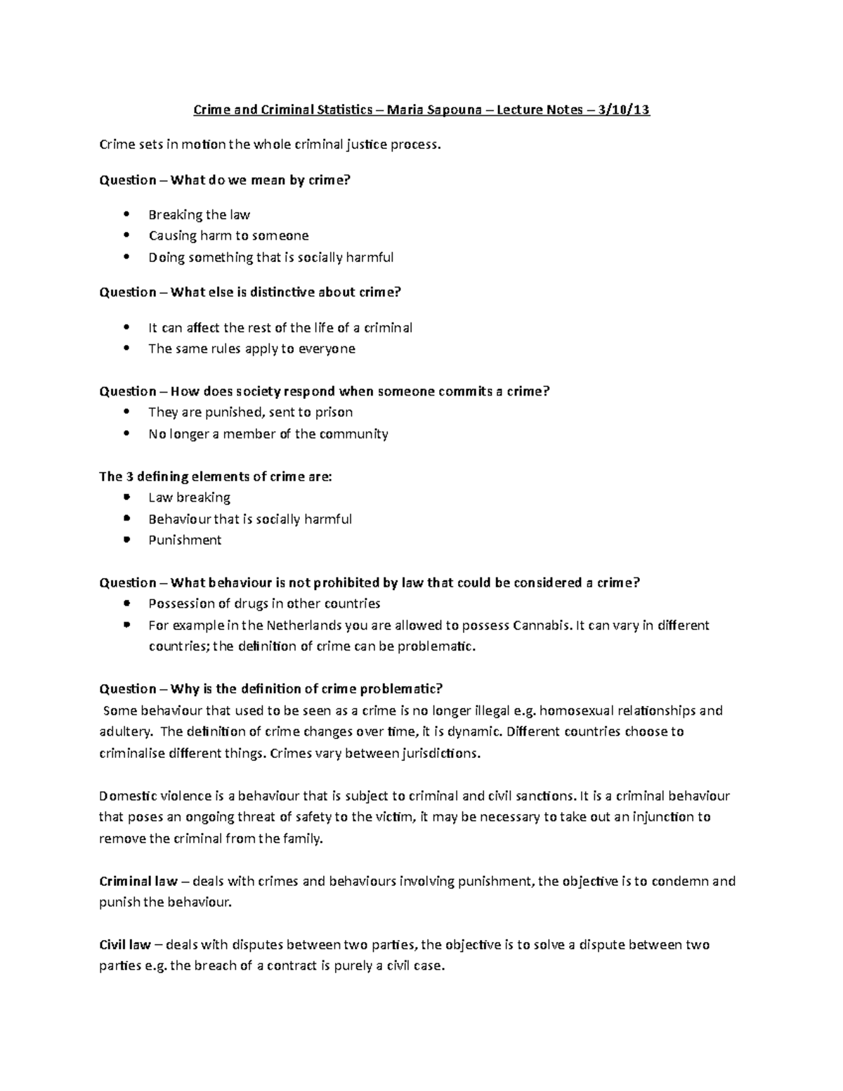 Crime and Criminal Statistics lecture notes - Crime and Criminal ...