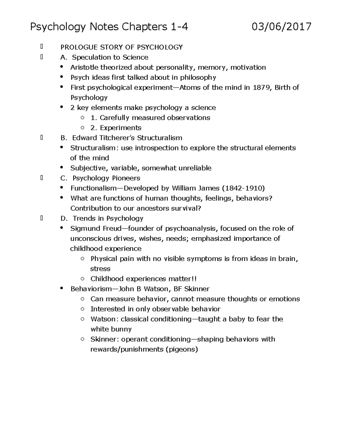 Psych Notes test 1 2,3 - Psychology Notes Chapters 1-4 03/06/ PROLOGUE ...