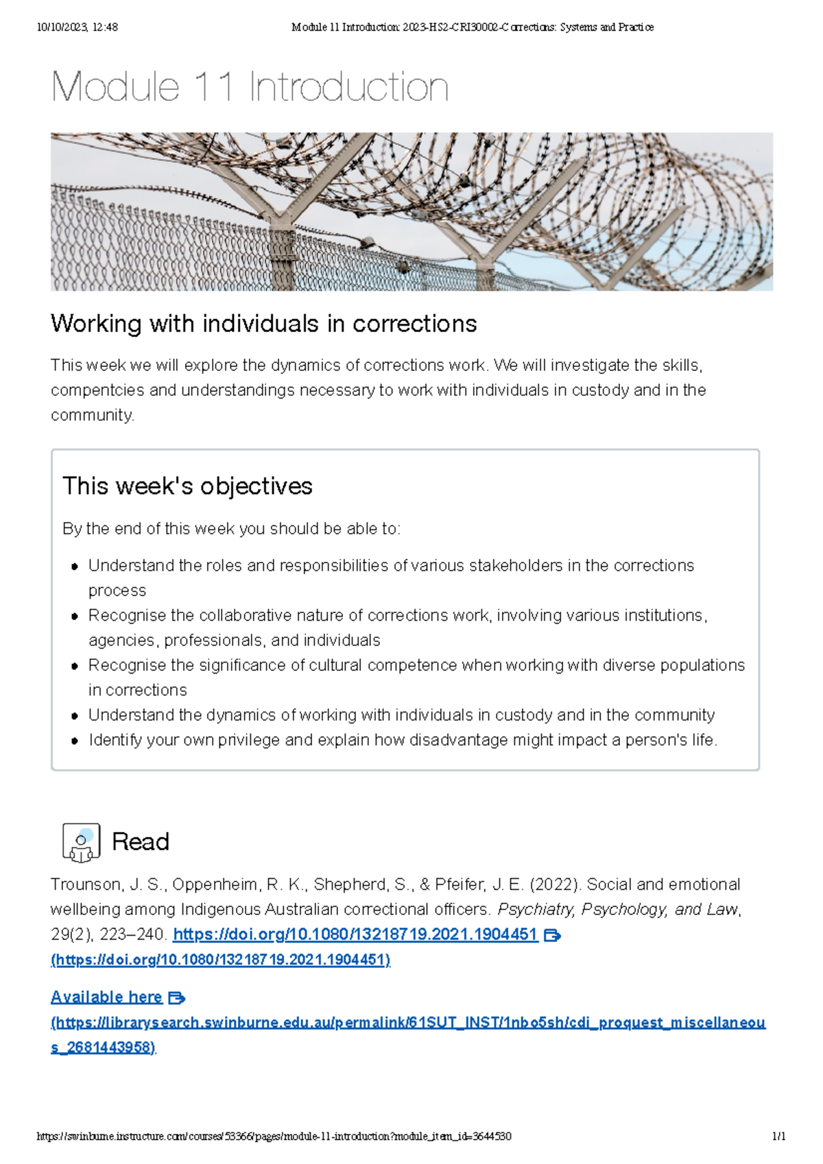 Module 11 Introduction 2023-HS2-CRI30002-Corrections Systems and Practice - - Studocu