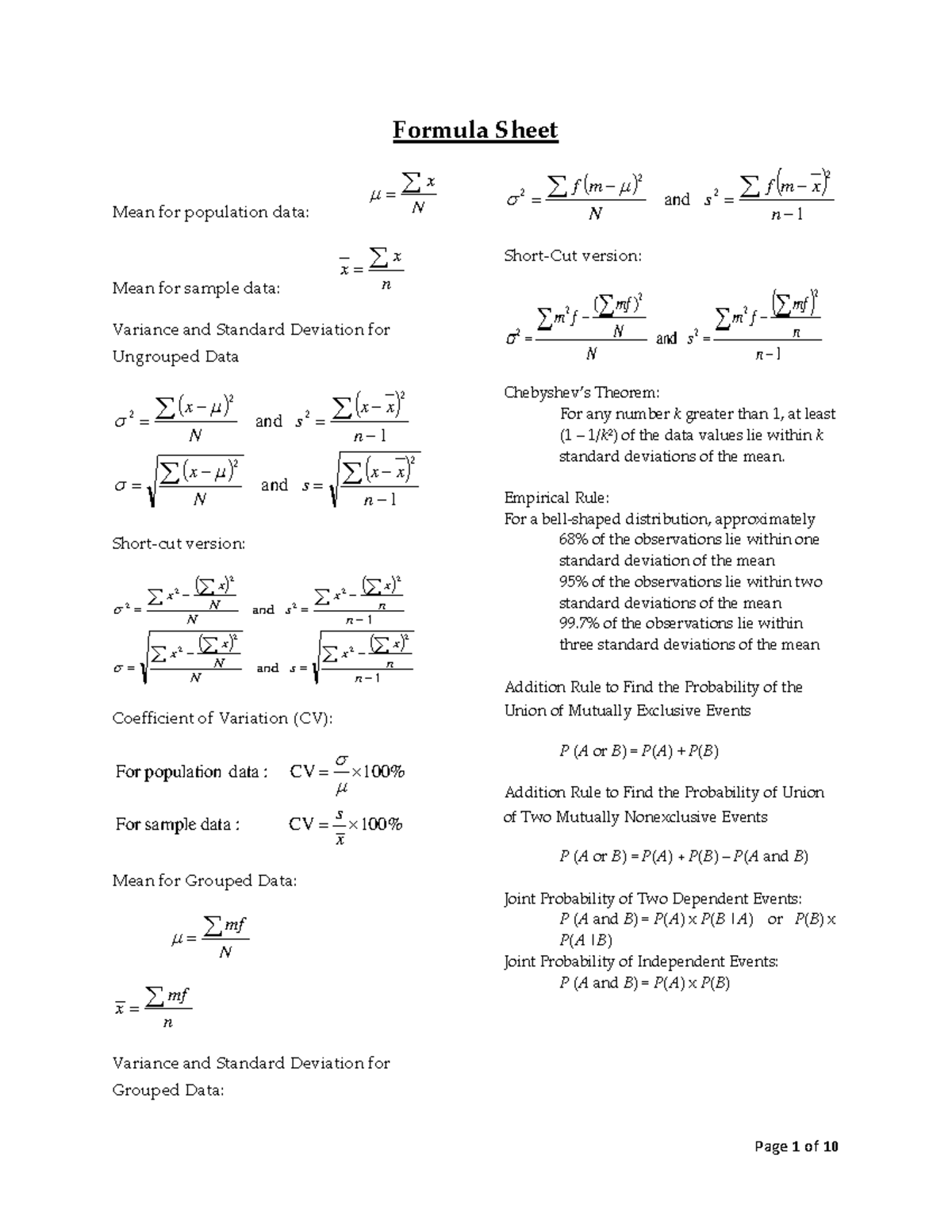 Formula Sheet and tables - Formula Sheet Mean for population data: N x ...