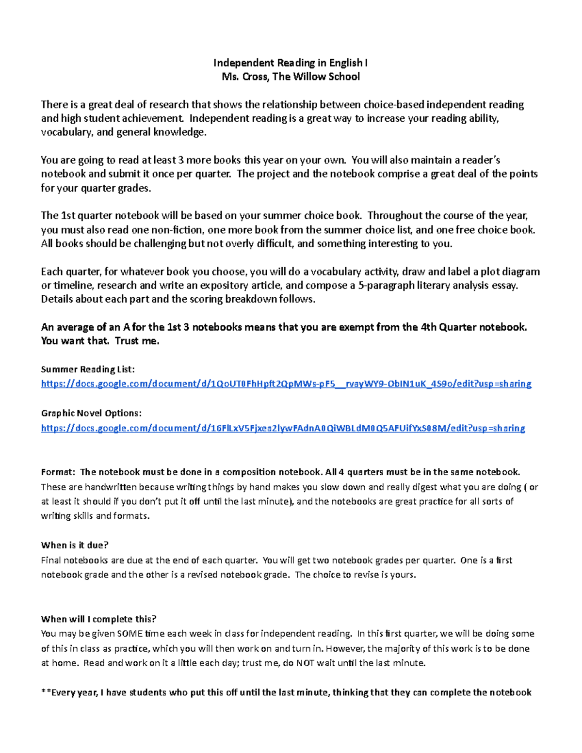 English I Independent Reading Packet 2022-2023 - Independent Reading in ...