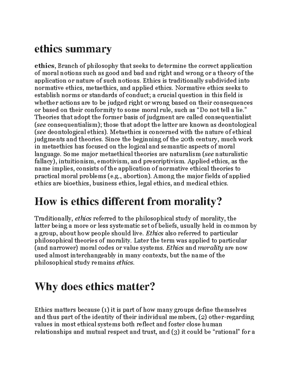 Ethics summary - ethics summary ethics, Branch of philosophy that seeks ...