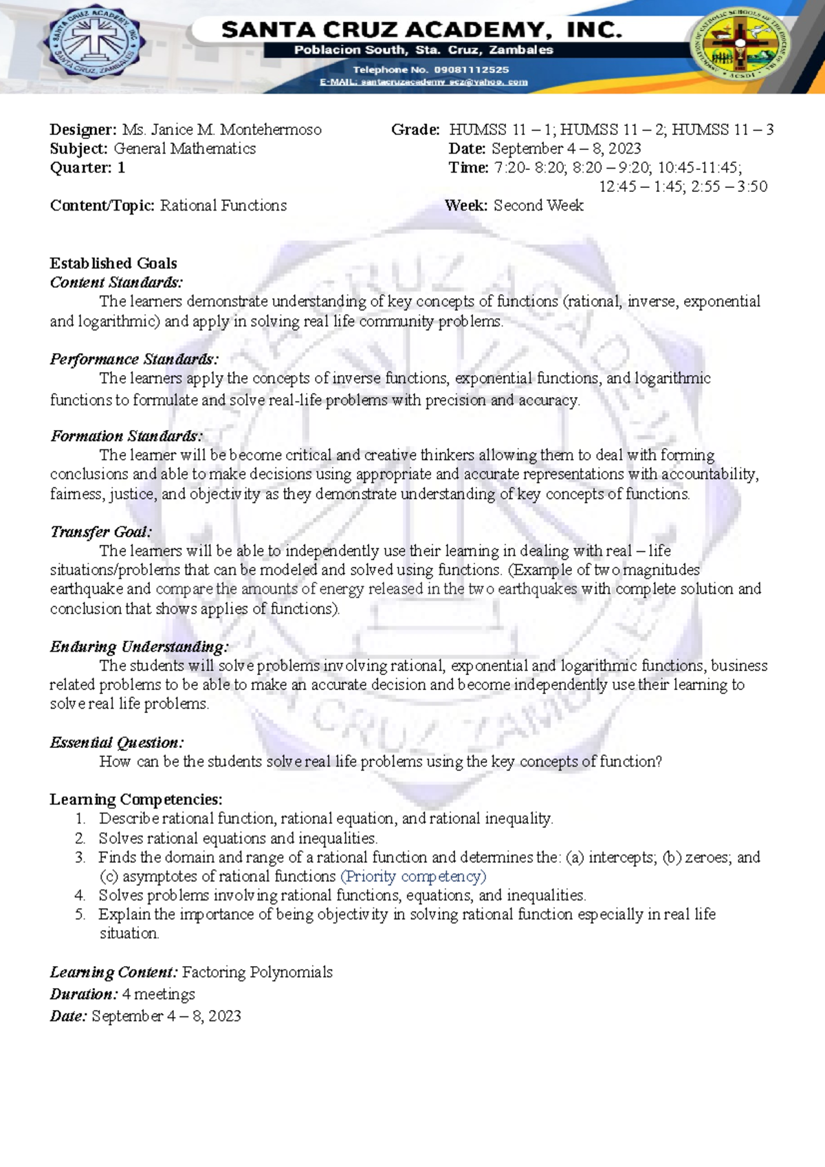LEARNING PLAN Gen Math 11 W2 - Designer: Ms. Janice M. Montehermoso ...