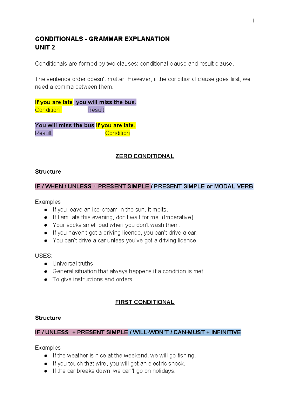 Conditionals - Grammar Explanation - 1 CONDITIONALS - GRAMMAR ...