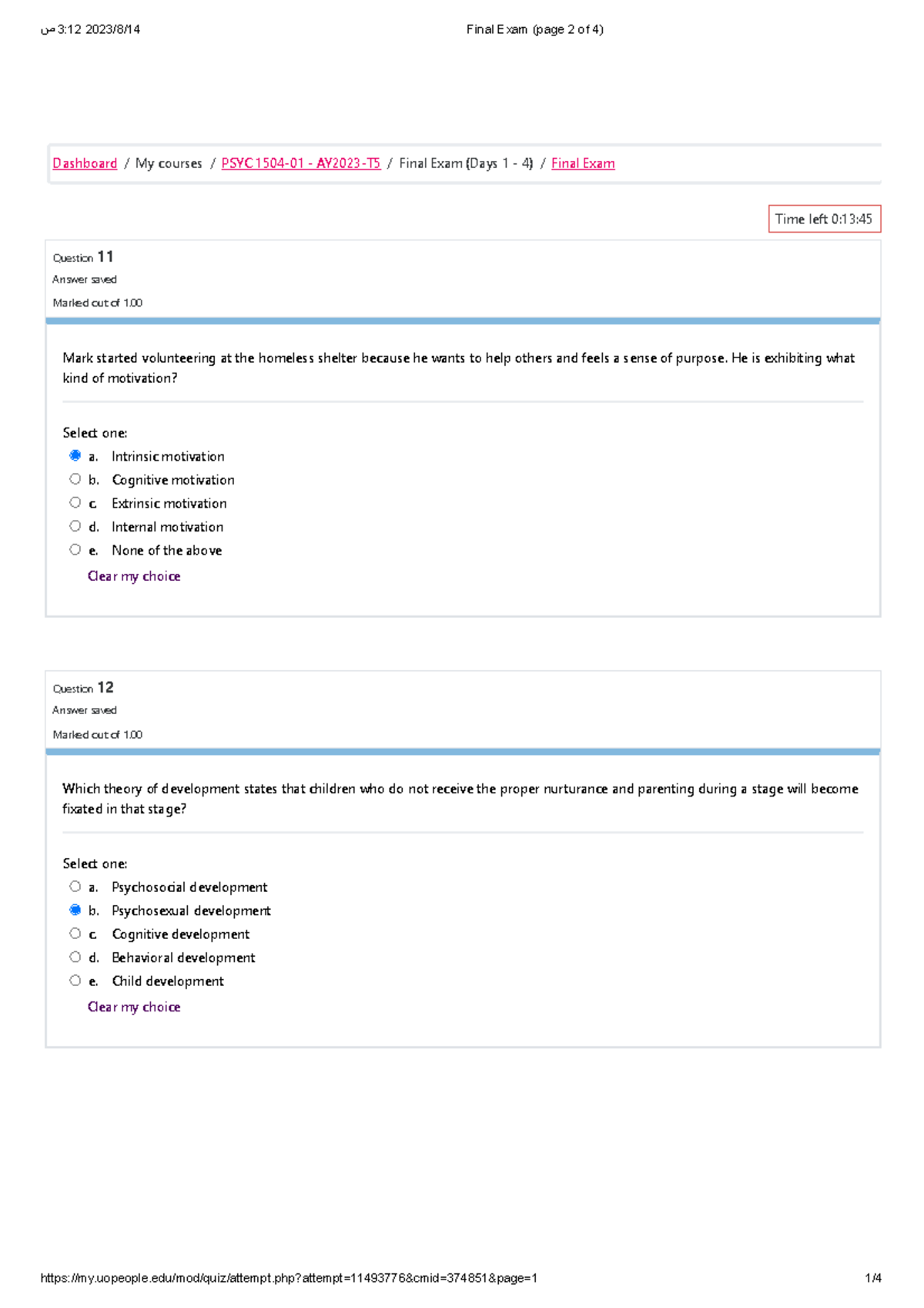 Final Exam (page 2 of 4) - hjkk - Question 11 Answer saved Marked out ...