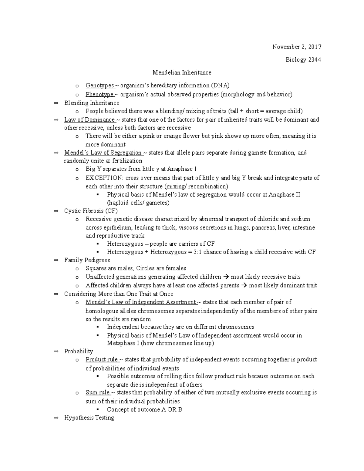 November 7 - Mendelian Genetics - November 2, 2017 Biology 2344 ...