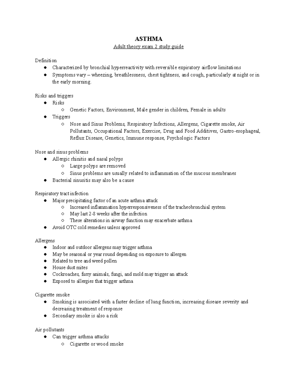 Asthma-Adult theory exam 2 study guide - ASTHMA Adult theory exam 2 ...