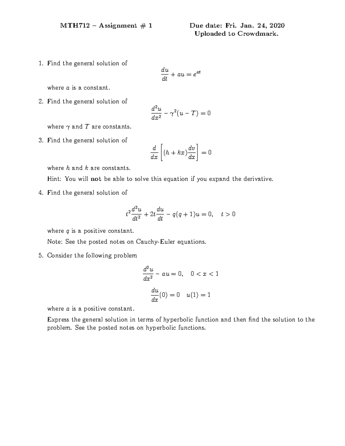 Assig 1questions - hw 1 questions - MTH712 – Assignment # 1 Due date ...