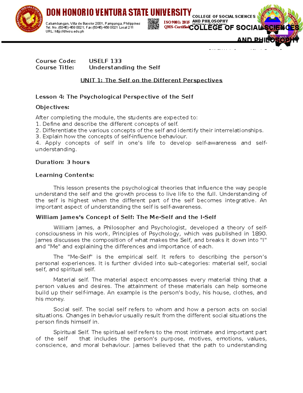 Lesson 4 Psychological Perspective of the Self - Course Code: USELF 133 Course Title ...