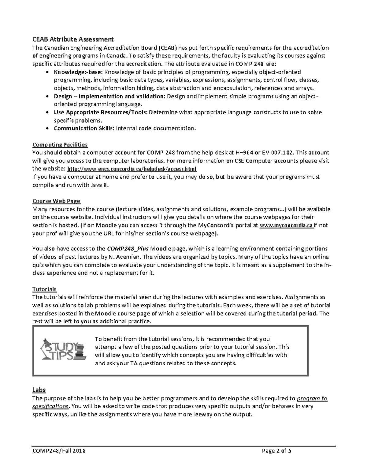 Comp248 Fall2018 Outline - COMP248/Fall 2018 Page 2 of 5 CEAB Attribute Assessment The Canadian ...