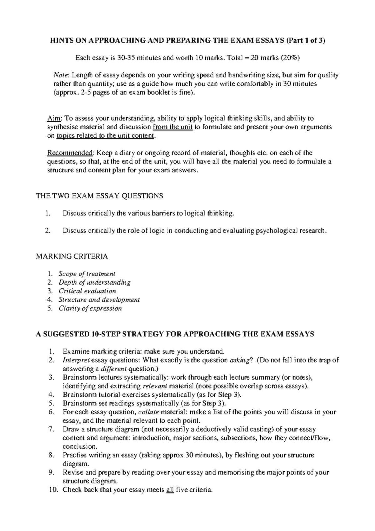019 Exam Ess Prep Part 1 - exam prep - HINTS ON APPROACHING AND ...