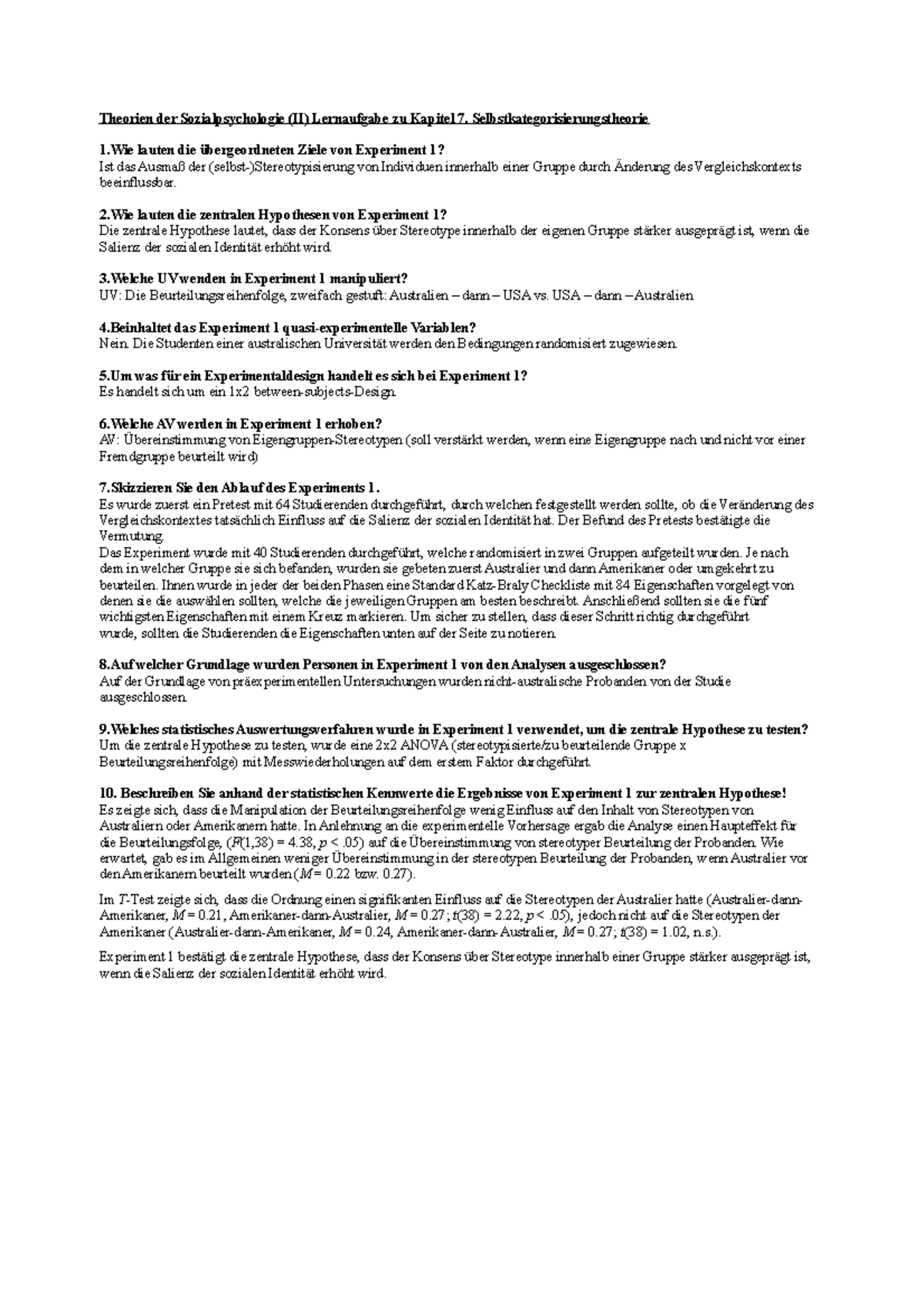 Lösungen zur Lernaufgabe Kapitel 7 - Theorien der Sozialpsychologie (II) Lernaufgabe zu Kapitel ...