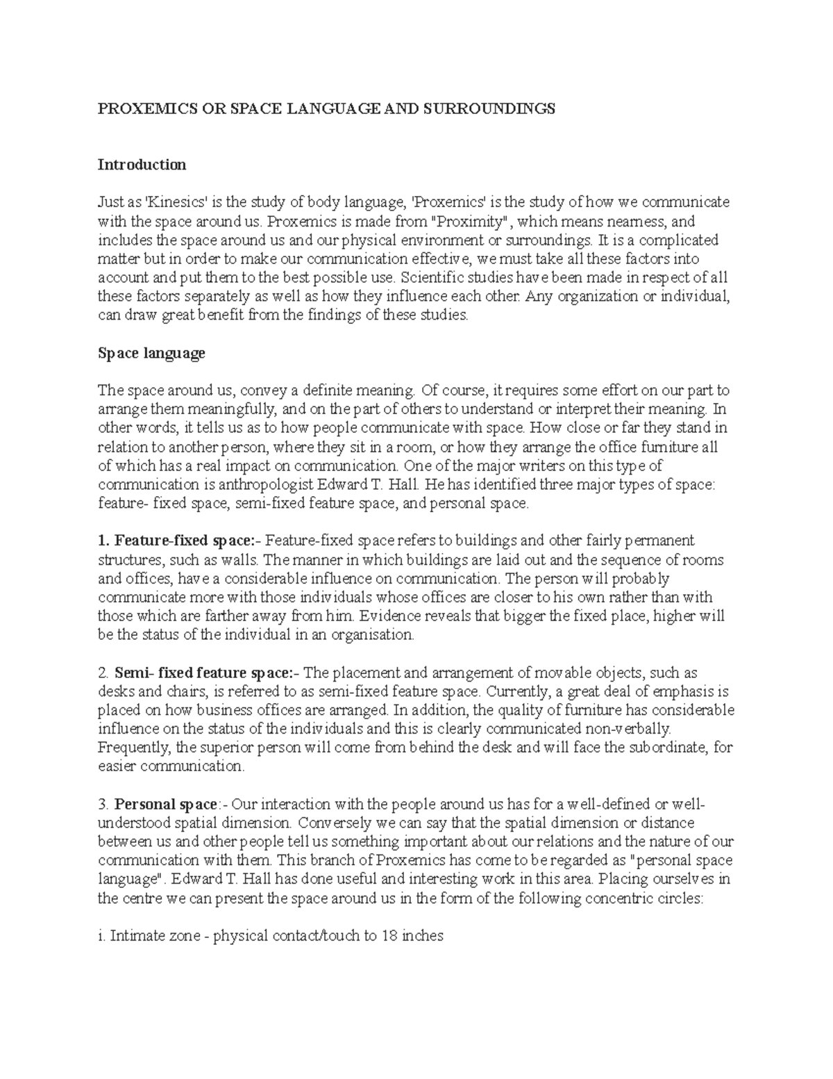 5 - Business Communication Detailed Notes - PROXEMICS OR SPACE LANGUAGE ...