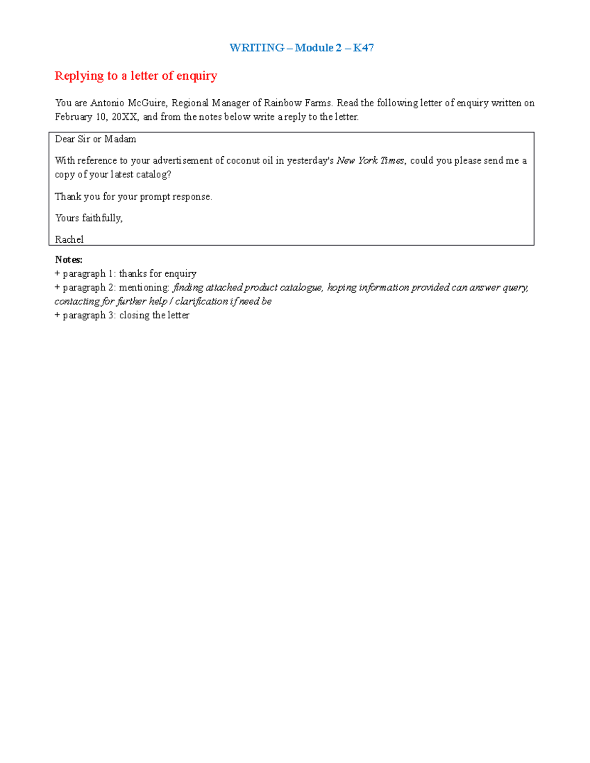 Writing-Module 2 - Replying to a letter of enquiry - WRITING – Module 2 ...