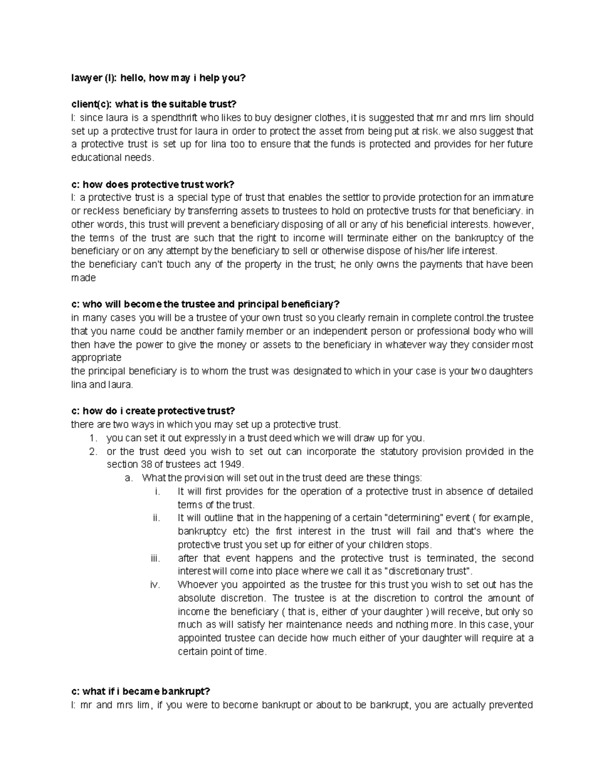 Protective trust - this is a script for tutorial questions. the ...