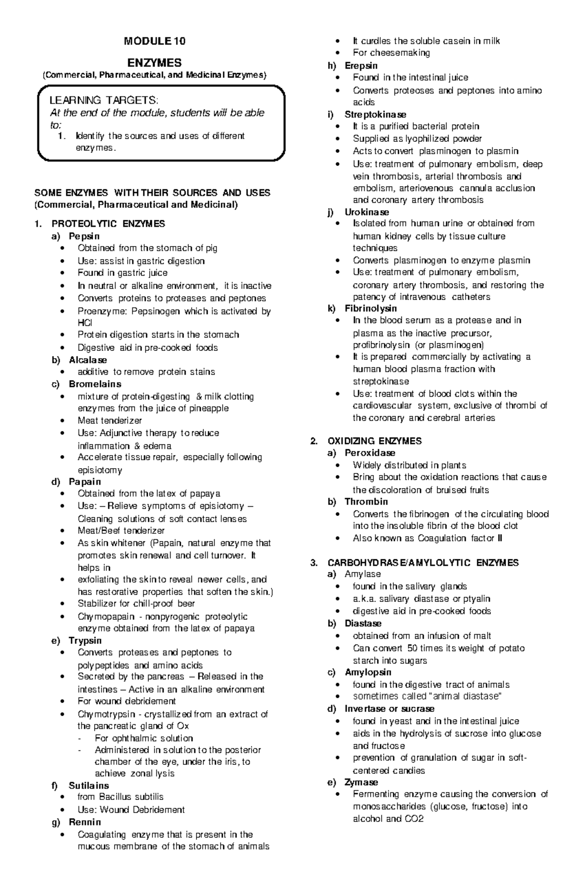 Module-10 - reviewer - MODULE 10 ENZYMES (Commercial, Pharmaceutical, and Medicinal Enzymes ...