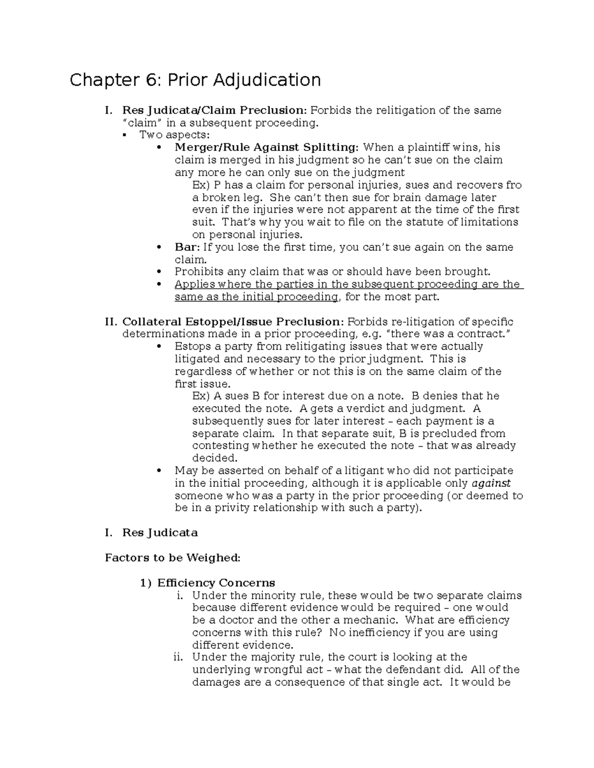 Civil Procedure Law Outline - 3 - Chapter 6: Prior Adjudication I. Res ...