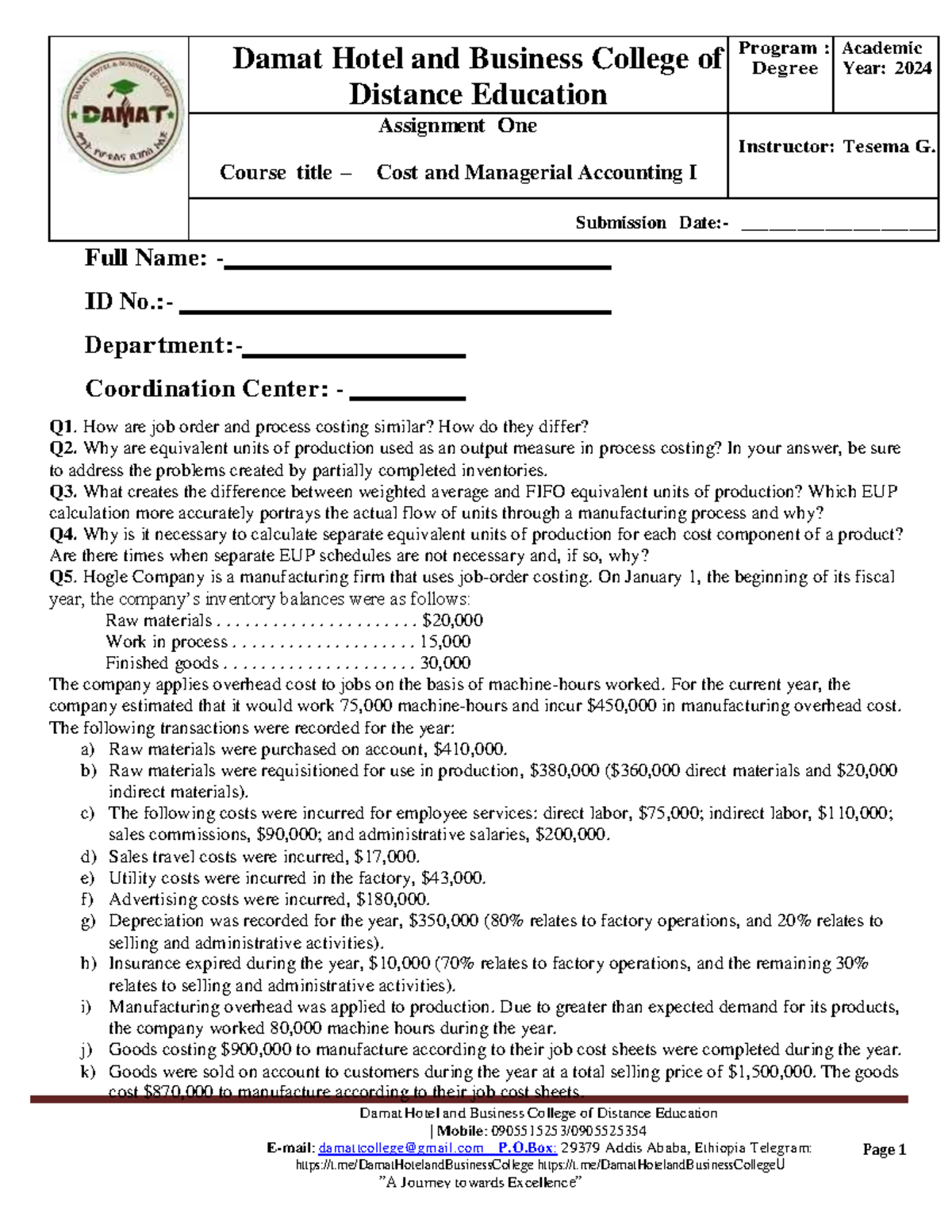 Cost and Managerial Accounting I Assignment - Damat Hotel and Business ...