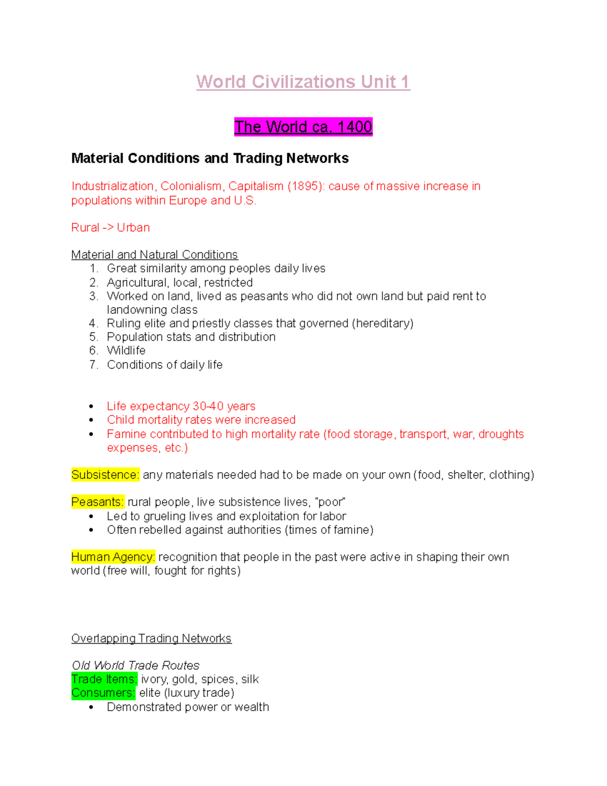 World Civilizations Unit 1 - 1400 Material Conditions and Trading ...