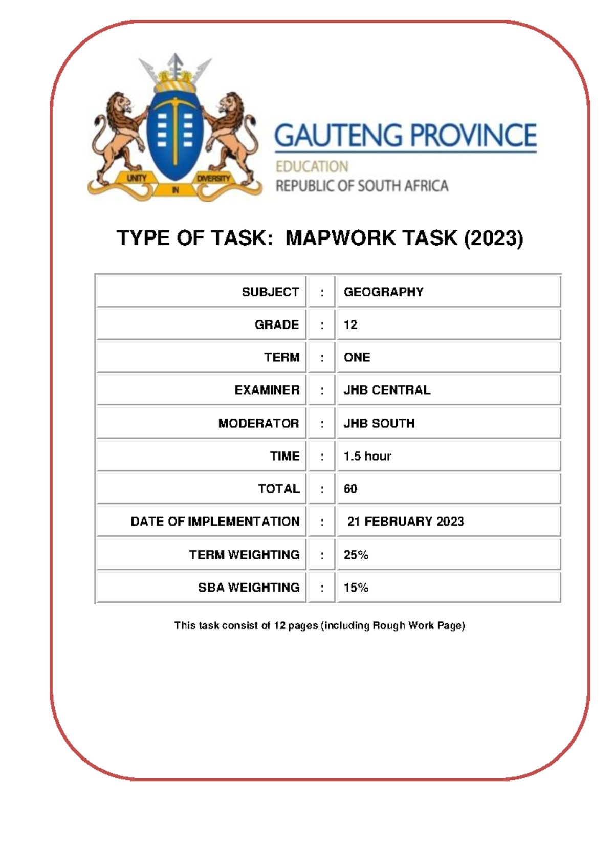 2023 GP Geog G12 Mapwork TASK 2023 QP - A TYPE OF TASK: MAPWORK TASK (202 3 ) SUBJECT ...