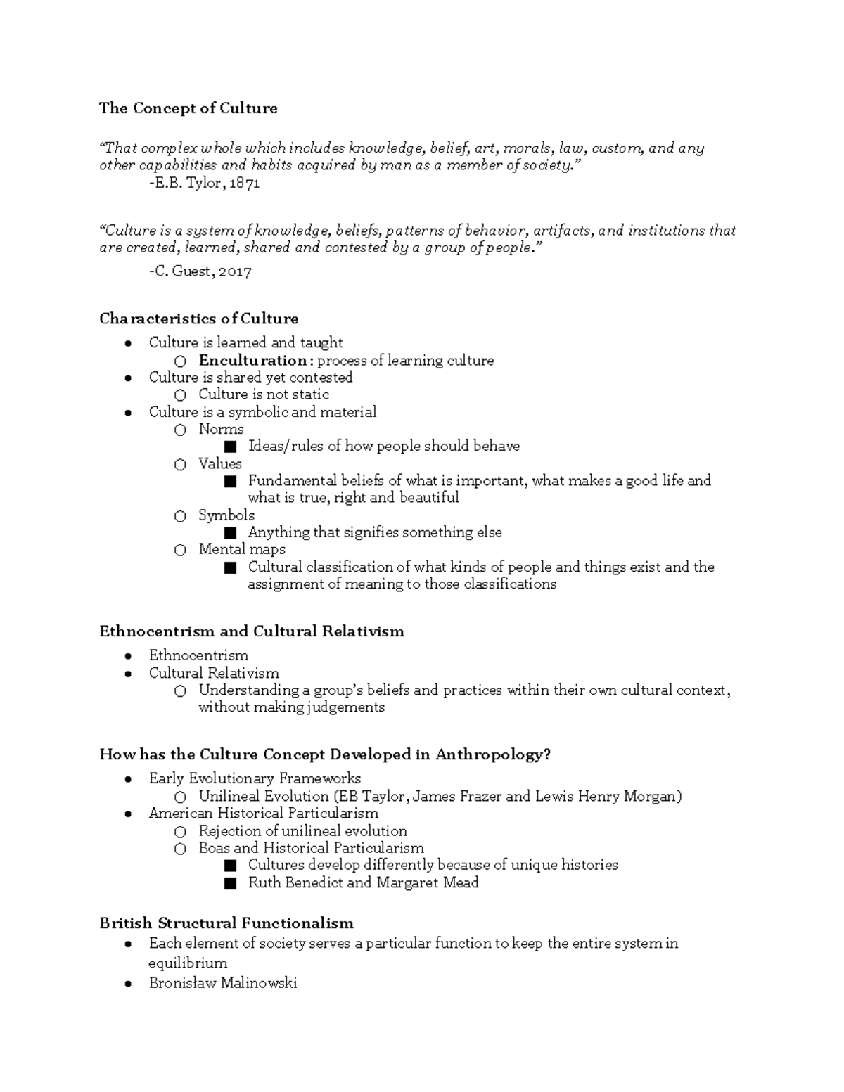 AN100 WEEK TWO Notes - The Concept of Culture “That complex whole which ...