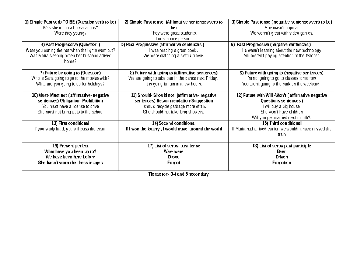Tic tac toe- 3-4-5 - documento random, no tiene información útil - Simple Past verb TO BE ...