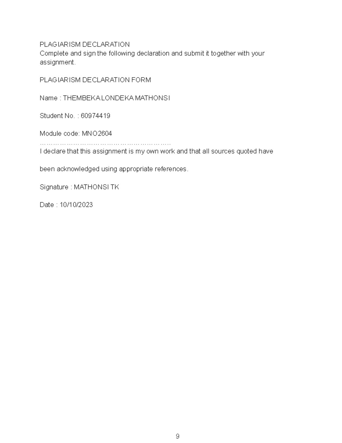 2023 S2 Assigment 6 - ….. - PLAGIARISM DECLARATION Complete and sign ...