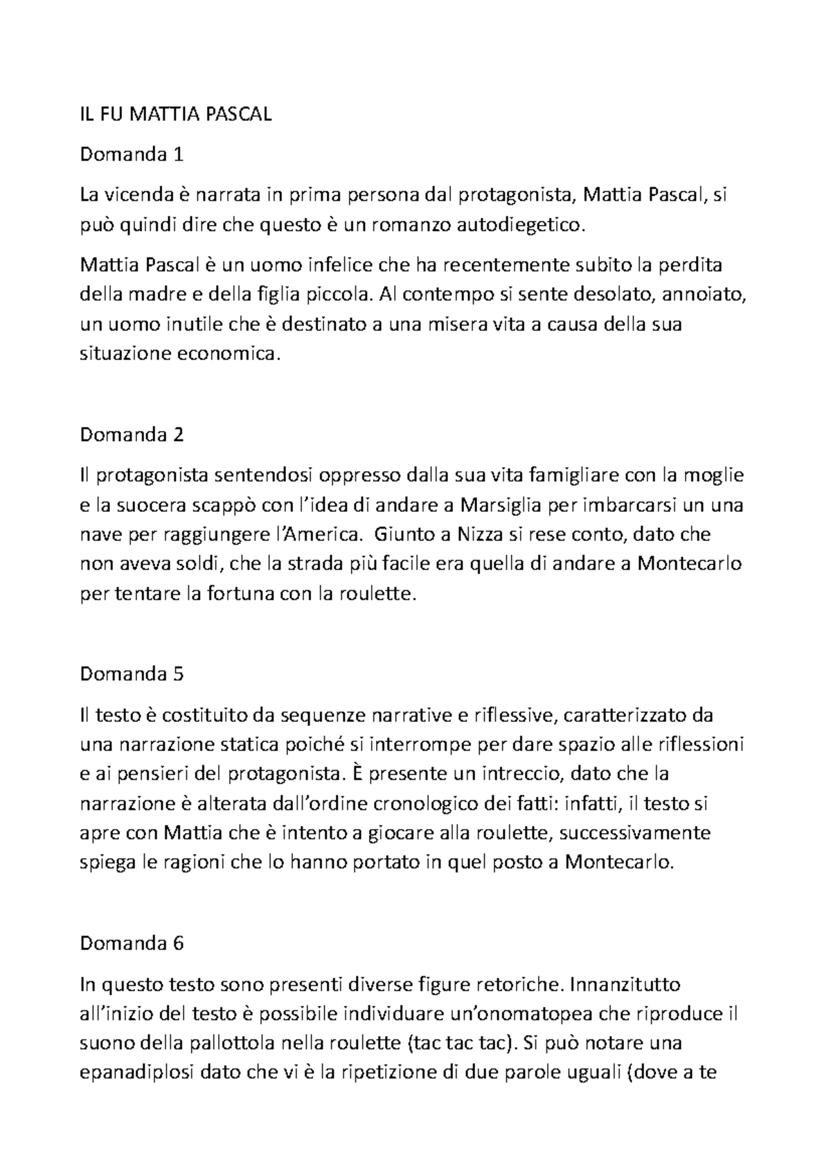 IL FU Mattia Pascal - analisi testo - IL FU MATTIA PASCAL Domanda 1 La ...