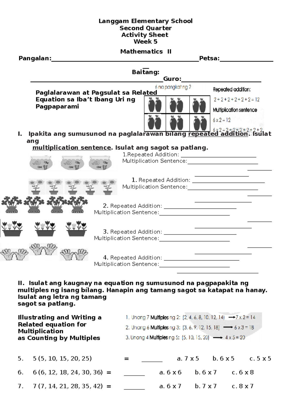 Activity Sheet for primary level: MATH - Education - LSPU - Studocu