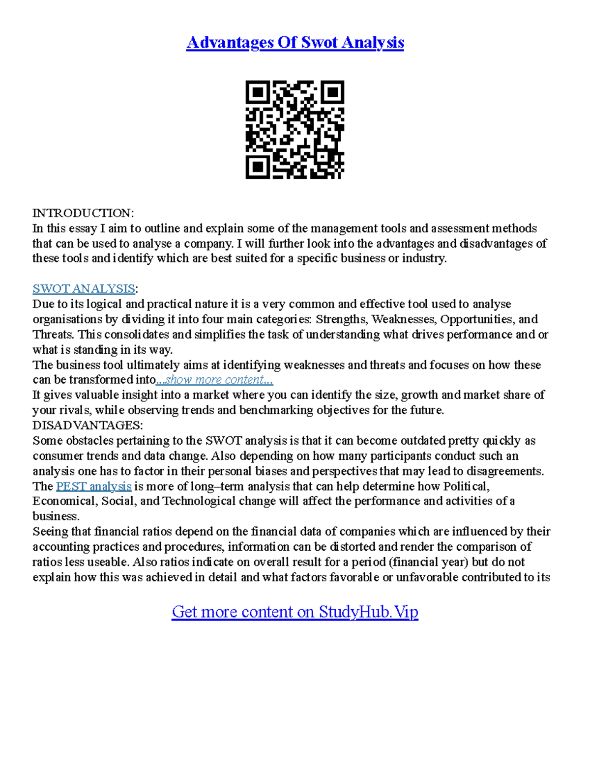 Swot Analysis Essay - Advantages Of Swot Analysis INTRODUCTION: In this ...