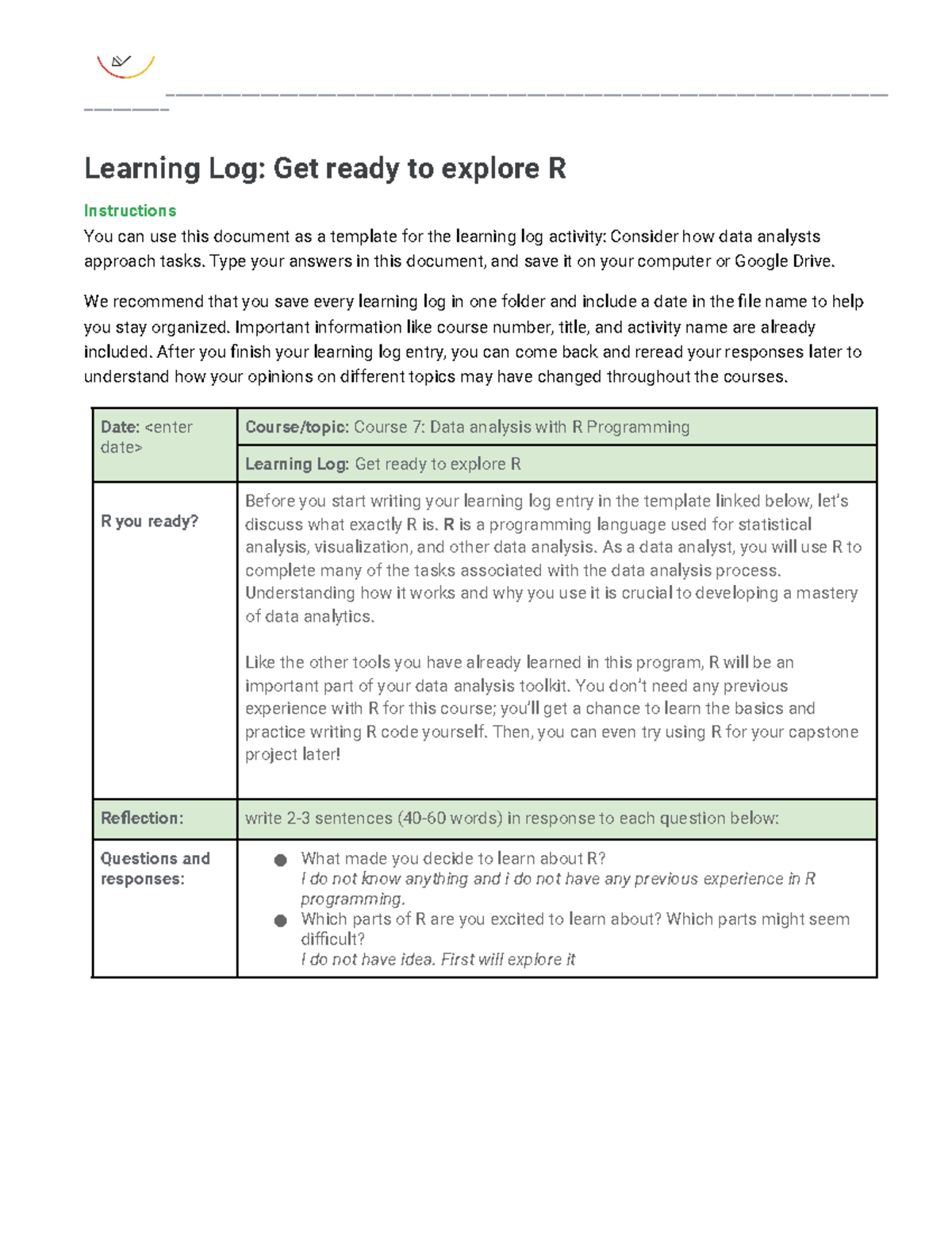 Learning-Log-Template Get-ready-to-explore-R - - Studocu