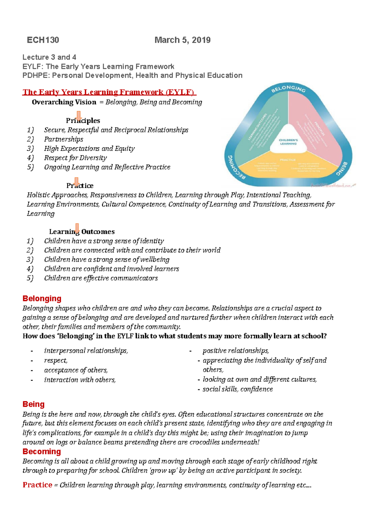 ECH130 Lecture 3 and 4 - Lecture 3 and 4 EYLF: The Early Years Learning ...