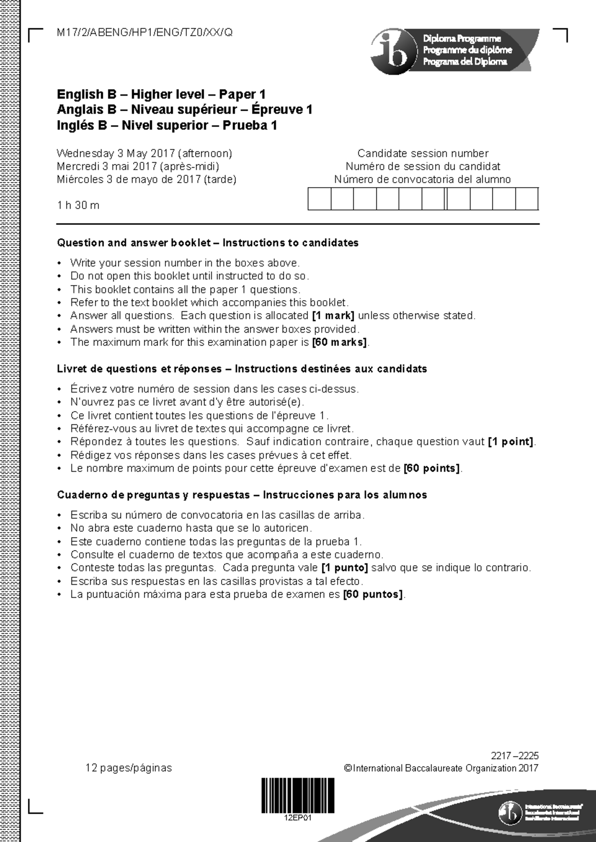 English B paper 1 question booklet HL - Question and answer booklet ...