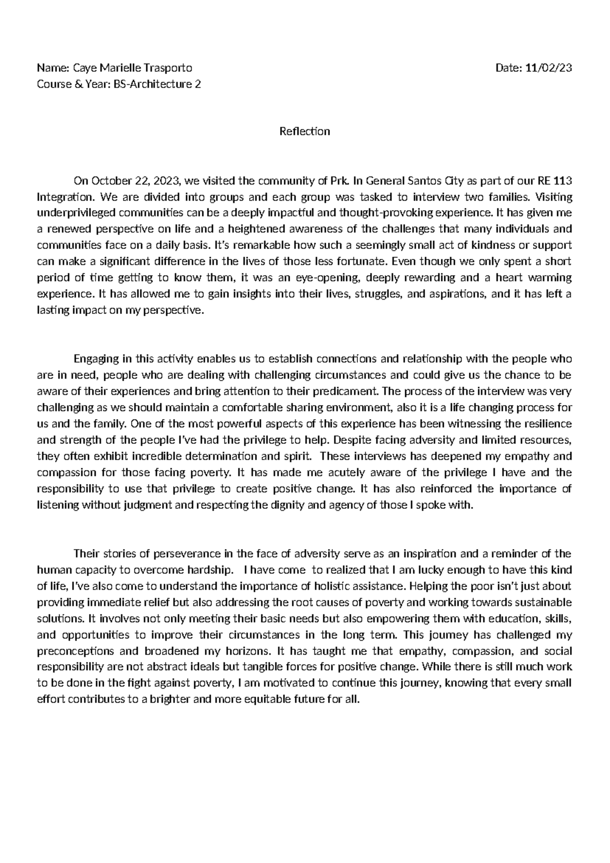 RE Reflections - re integration - Name: Caye Marielle Trasporto Date ...