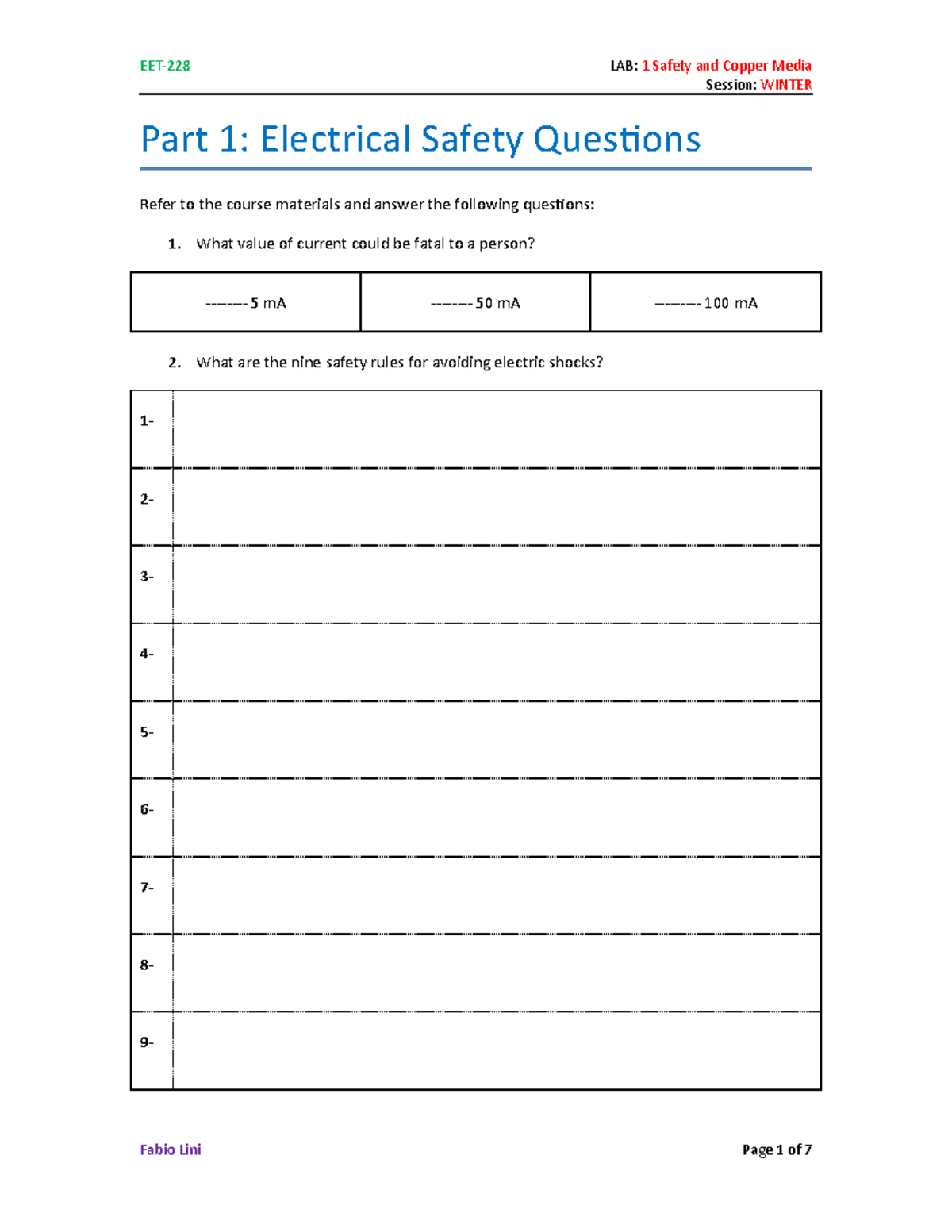 EET-228 Lab 1, Copper Media 1 - Part 1: Electrical Safety Questions ...