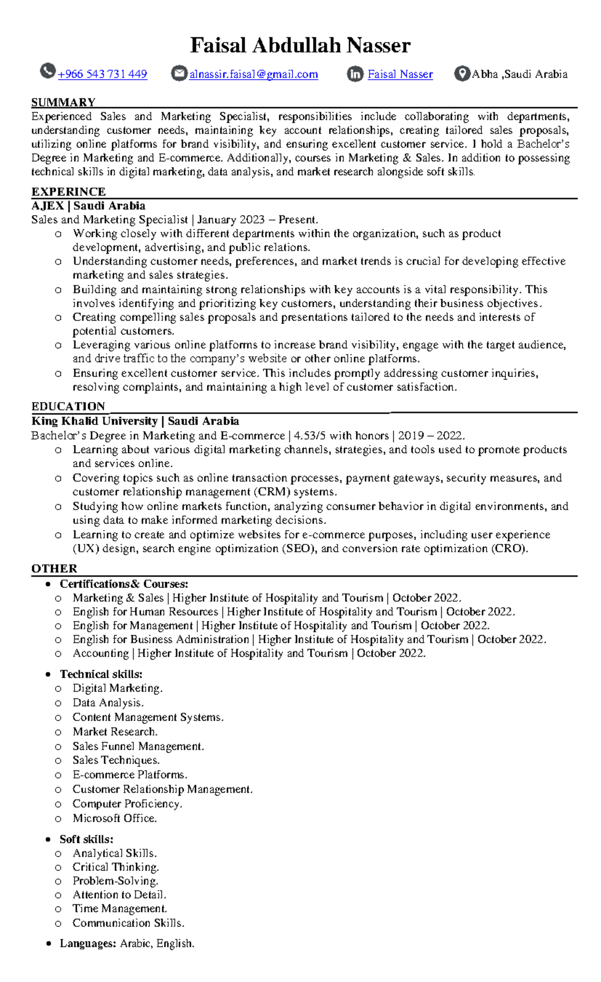 Faisal Abdullah Nasser CV - Faisal Abdullah Nasser +966 543 731 449 ...