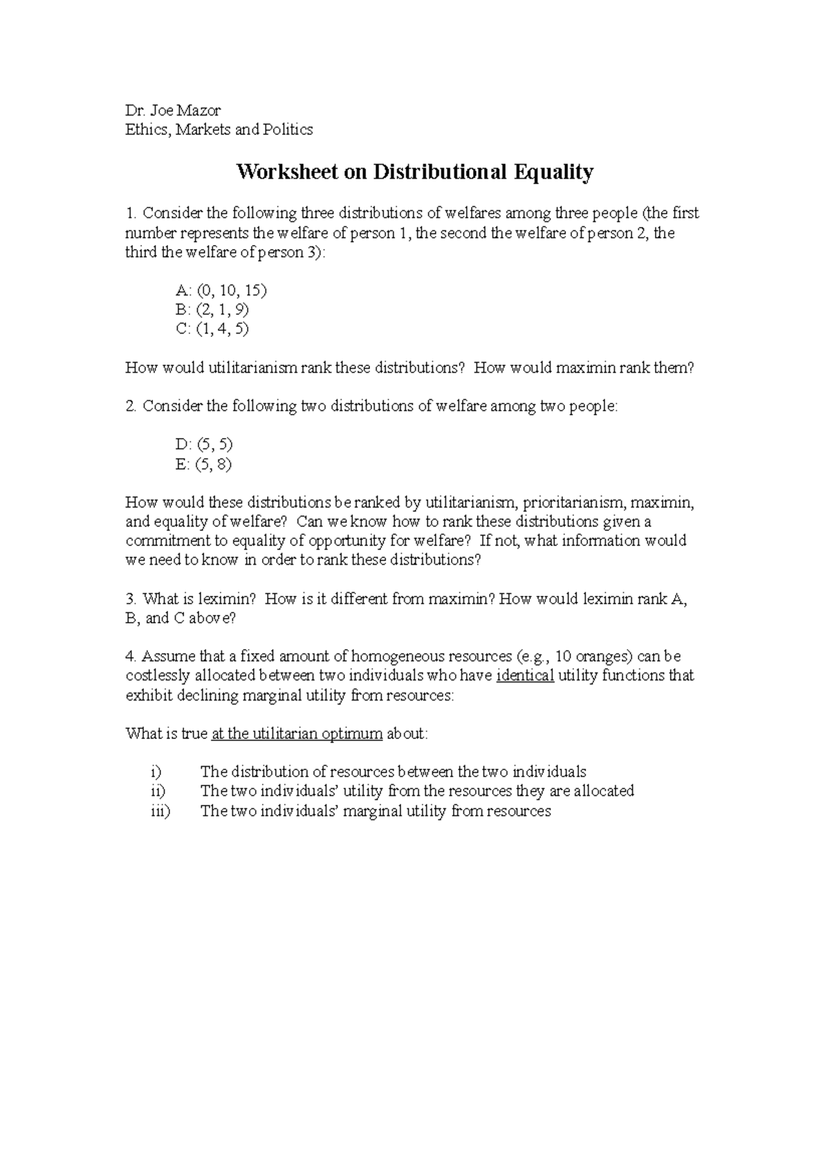 Week 3 - Worksheet on distributional equality - Dr. Joe Mazor Ethics ...