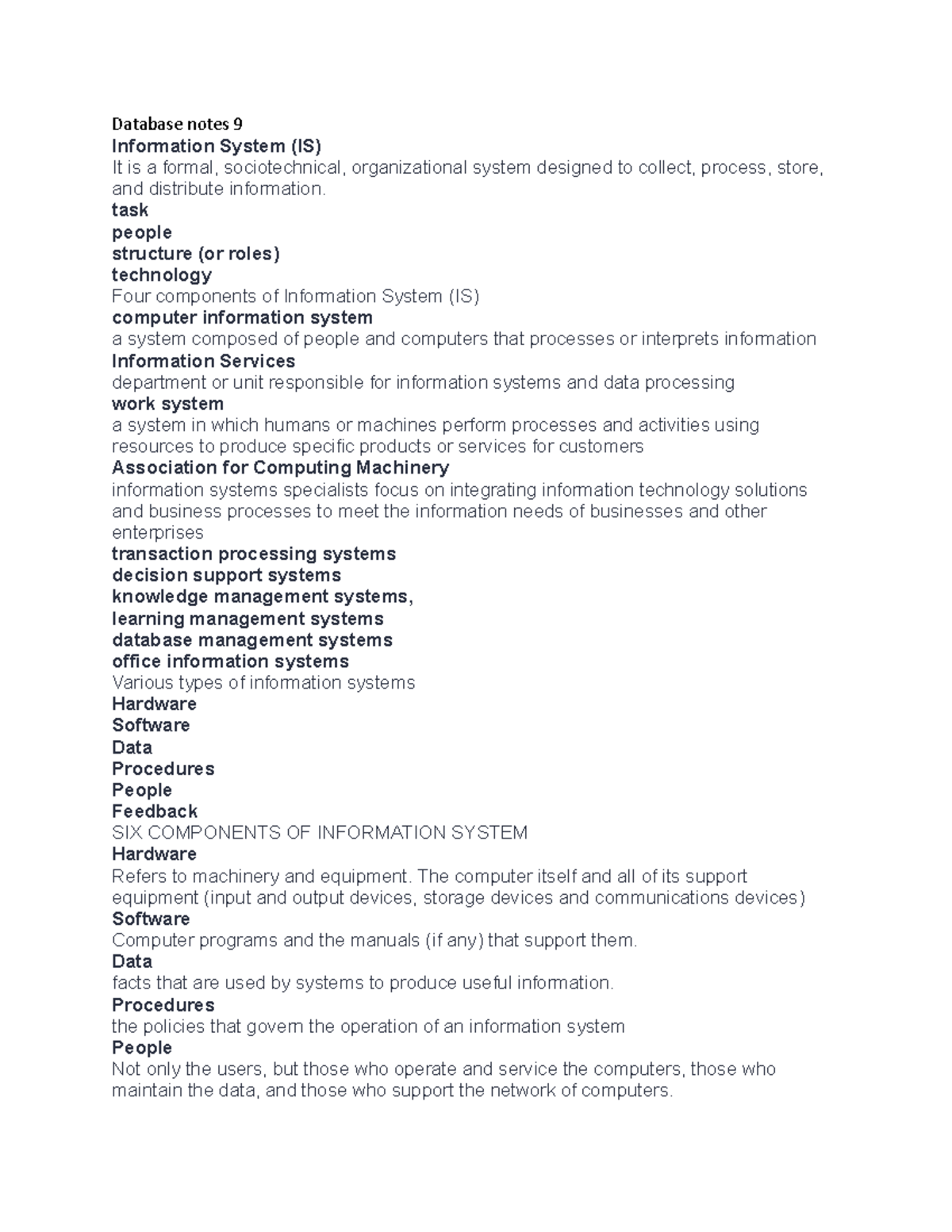 Database notes 5 - task people structure (or roles) technology Four ...