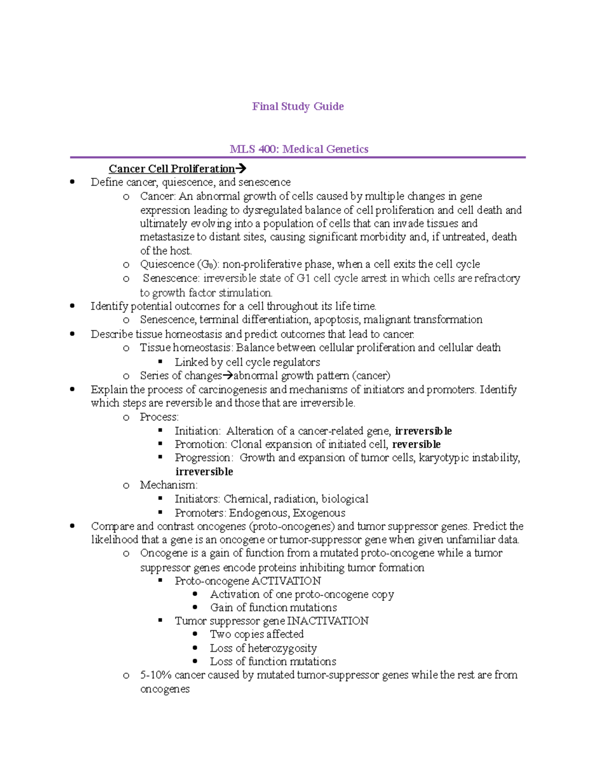 Final Study Guide - Summary Genetics - Final Study Guide MLS 400 ...