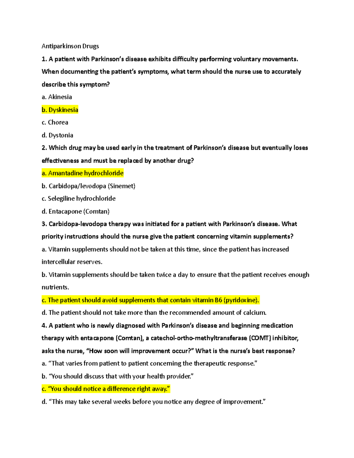 Antiparkinson Drugs - Study guide questions - Antiparkinson Drugs A ...