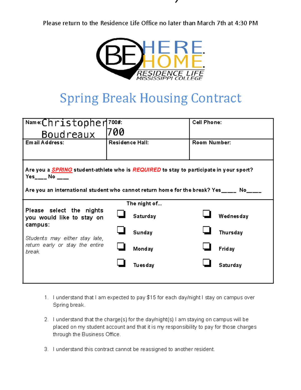 Spring Break Student Housing Contract - 2023 - Please return to the ...