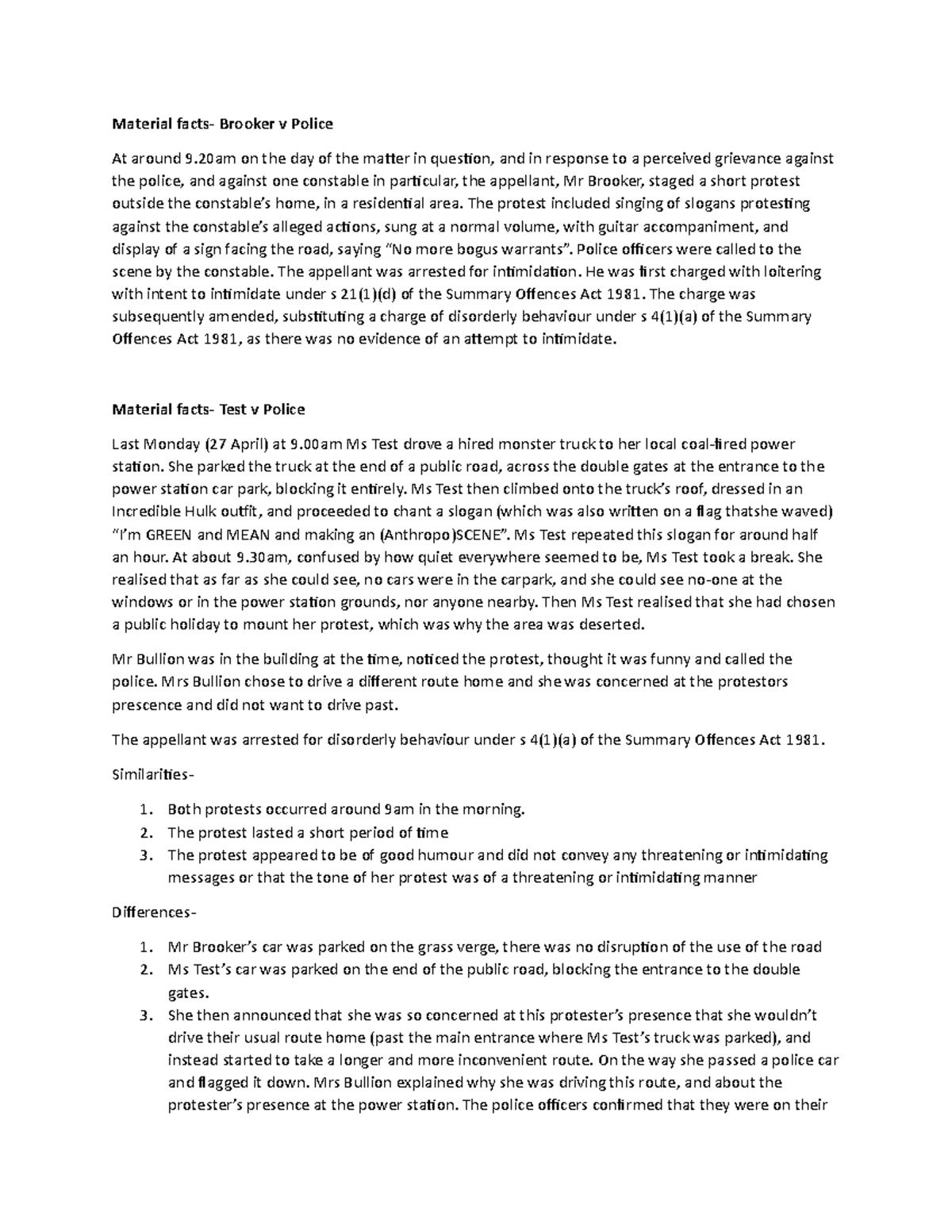 Material facts- similarities and differences - Material facts- Brooker ...