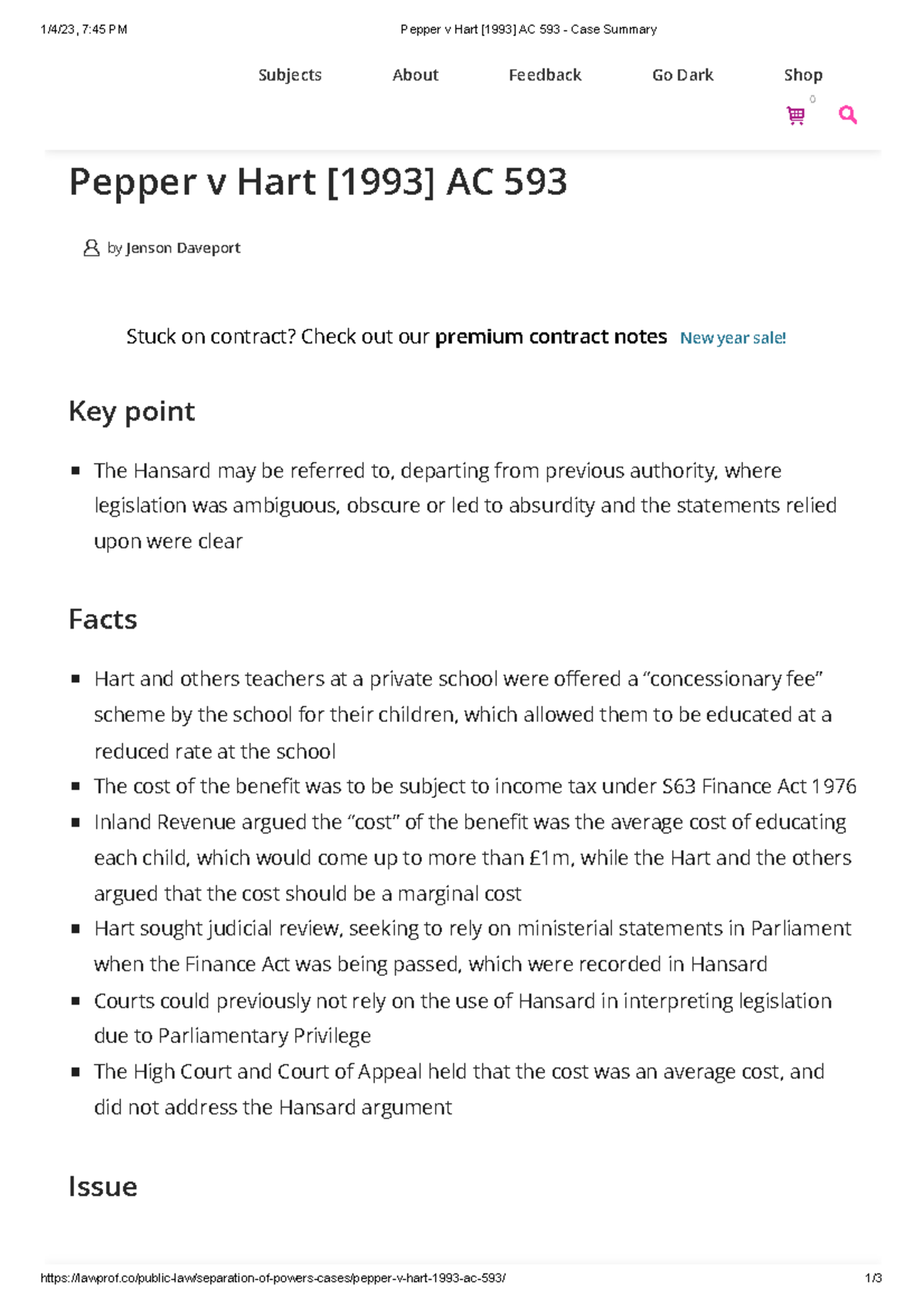 Pepper v Hart [1993] AC 593 - Case Summary - 1/4/23, 7:45 PM Pepper v ...