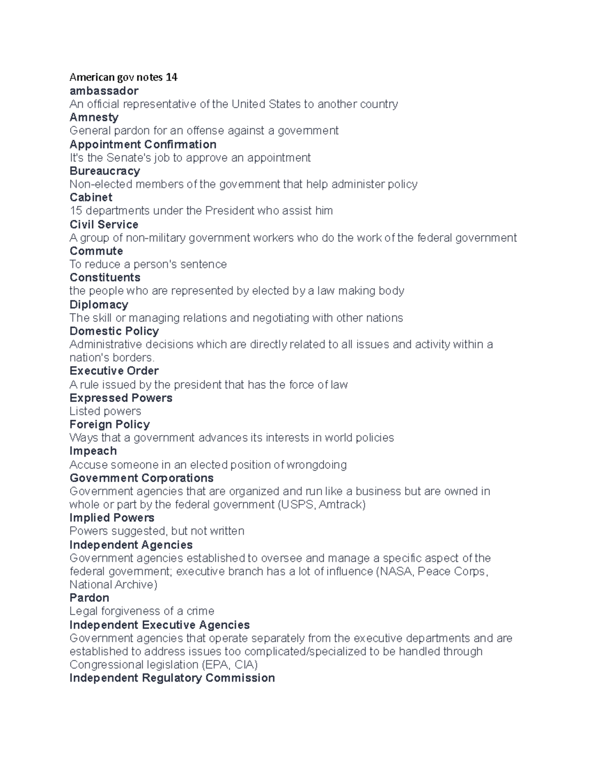 American gov notes 15 - Executive Order A rule issued by the president ...