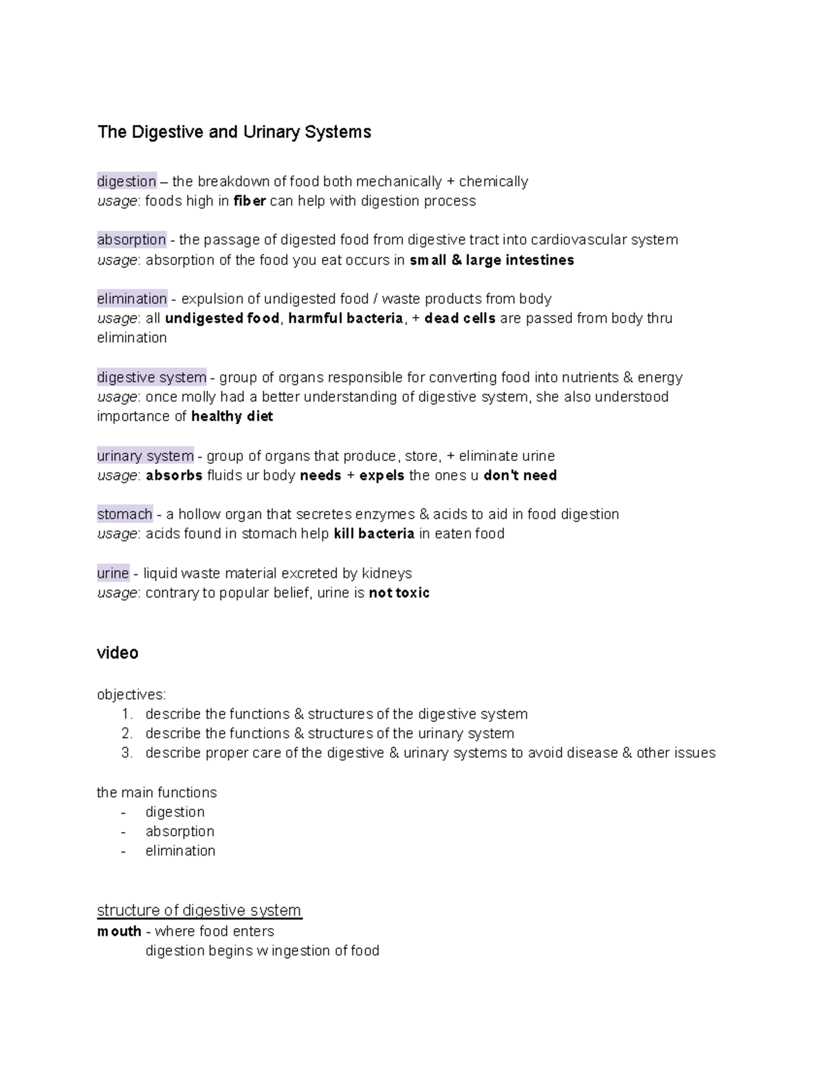 Session 1 summer pe 10-12 notes - The Digestive and Urinary Systems ...