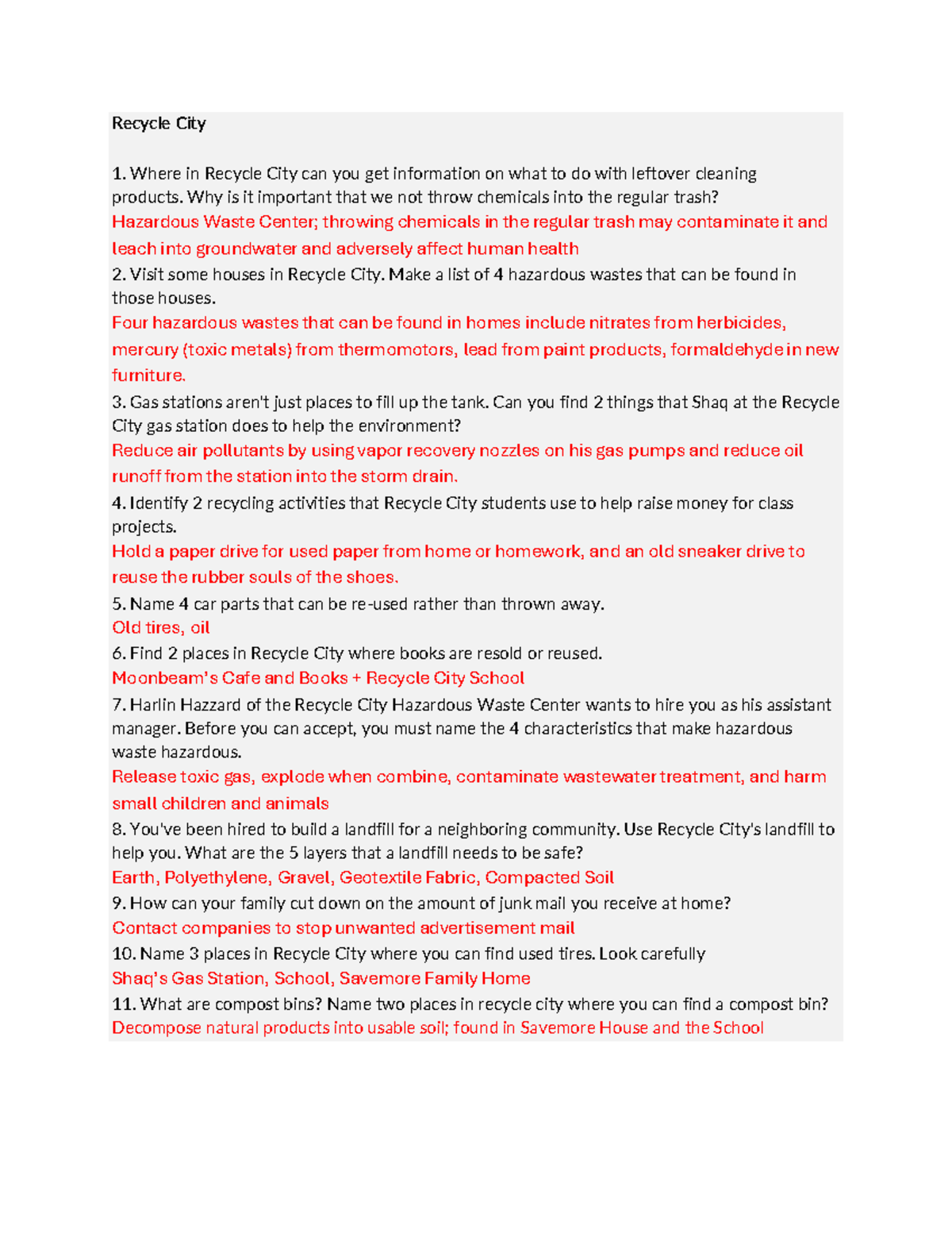 Recycle city - worksheet - Recycle City 1. Where in Recycle City can ...