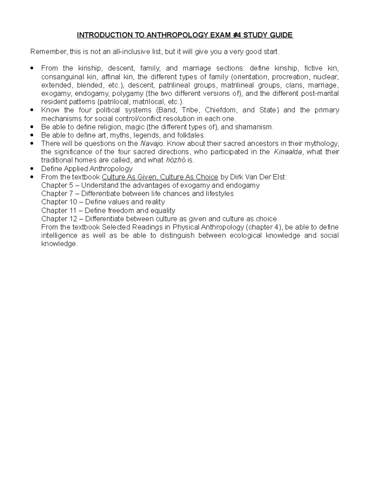 Exam4-StudyGuide - INTRODUCTION TO ANTHROPOLOGY EXAM #4 STUDY GUIDE ...