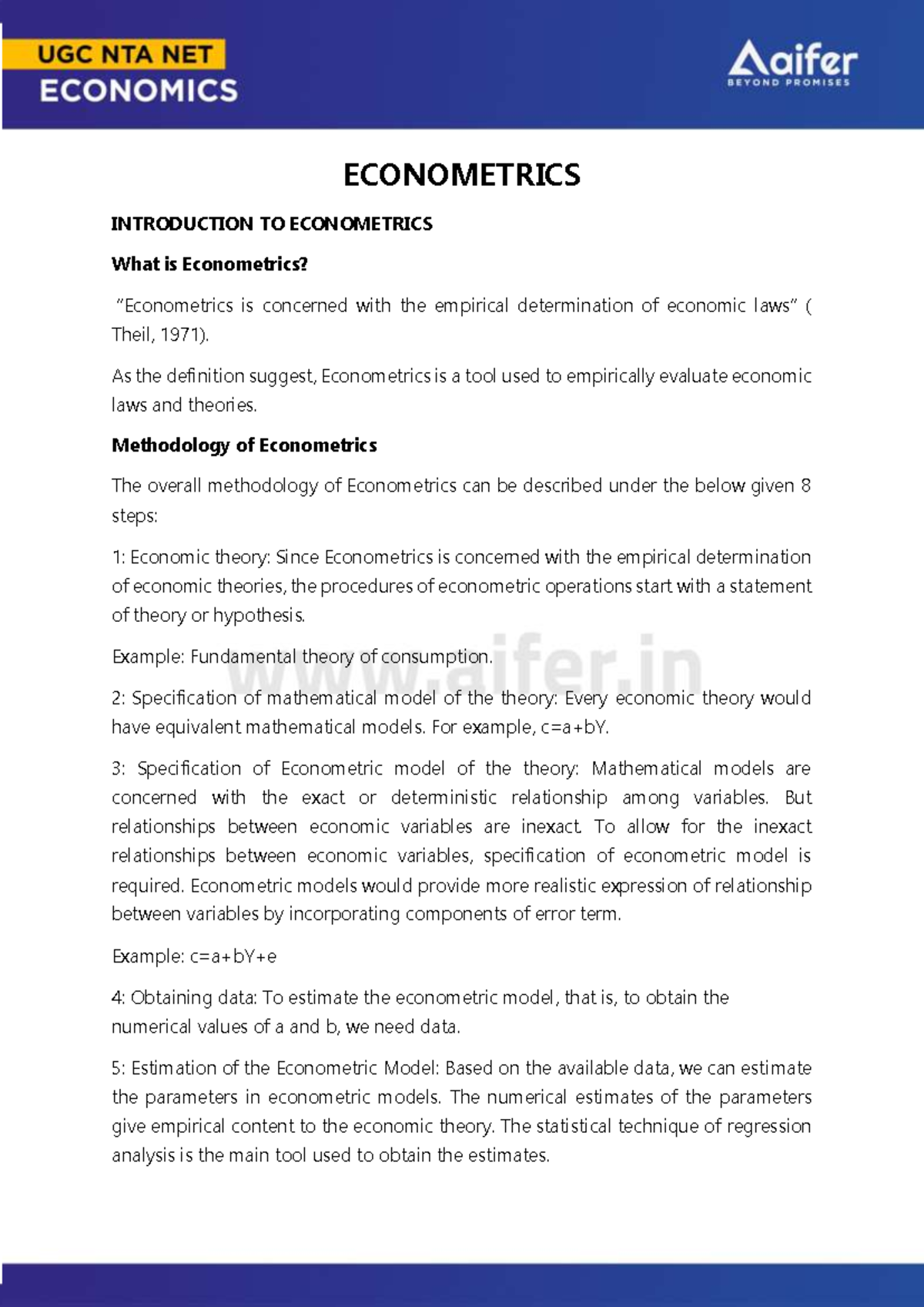 Econometrics - ECONOMETRICS INTRODUCTION TO ECONOMETRICS What is Econometrics? “Econometrics is ...