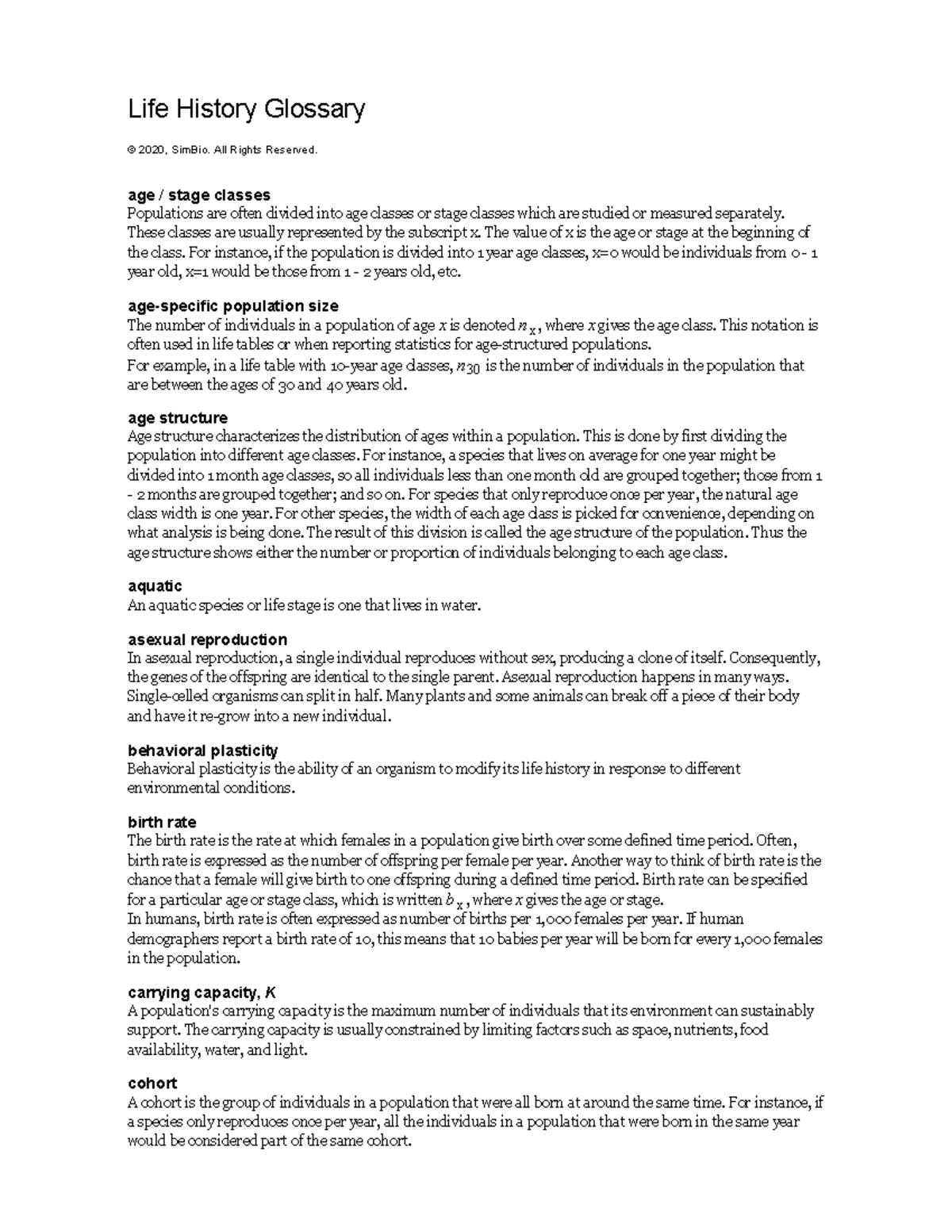 Life History Terms - Life History Glossary © 2020, SimBio. All Rights ...