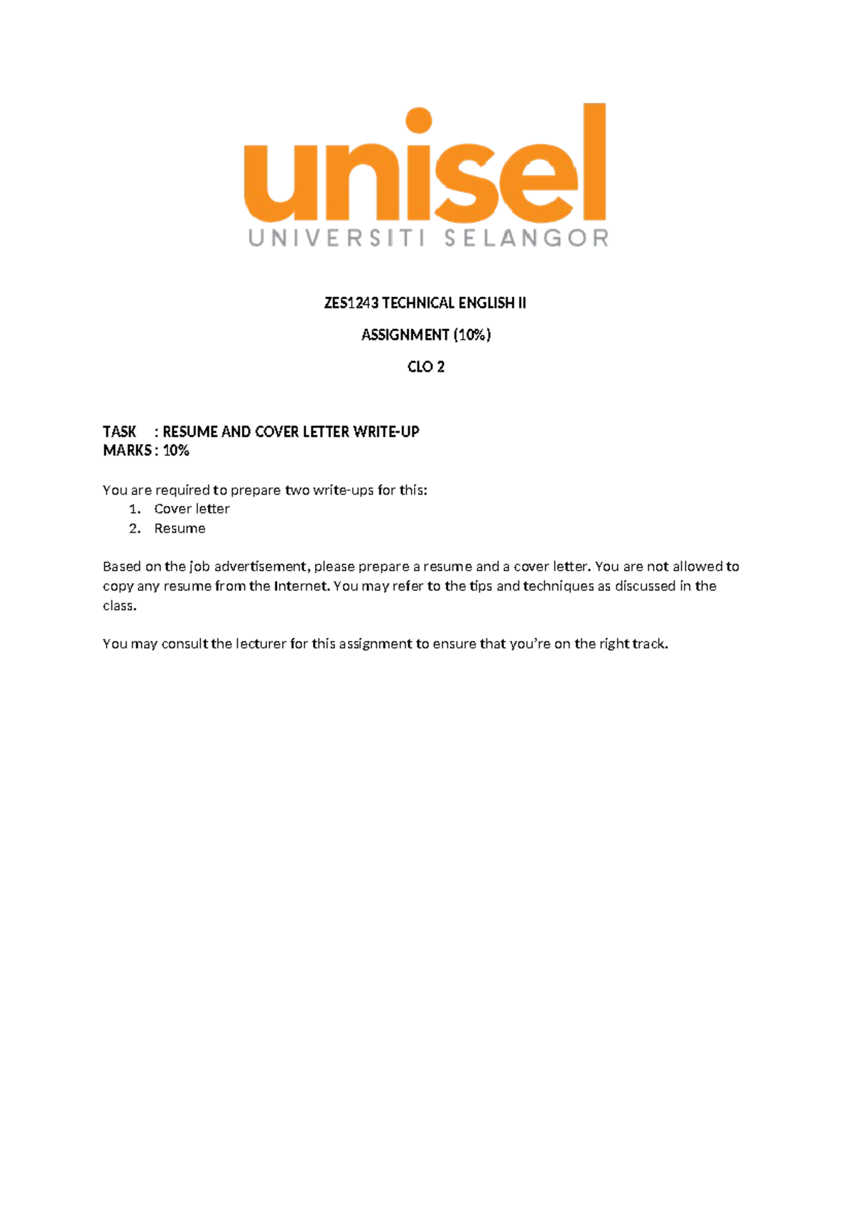 3 Assignment (instruction) - Resume and Cover Letter Scoring Rubric ...